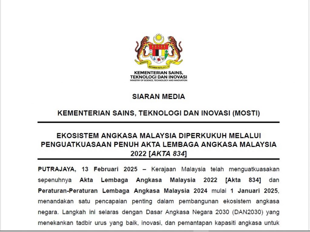 MALAYSIAN SPACE AGENCY (MYSA) – MOSTI